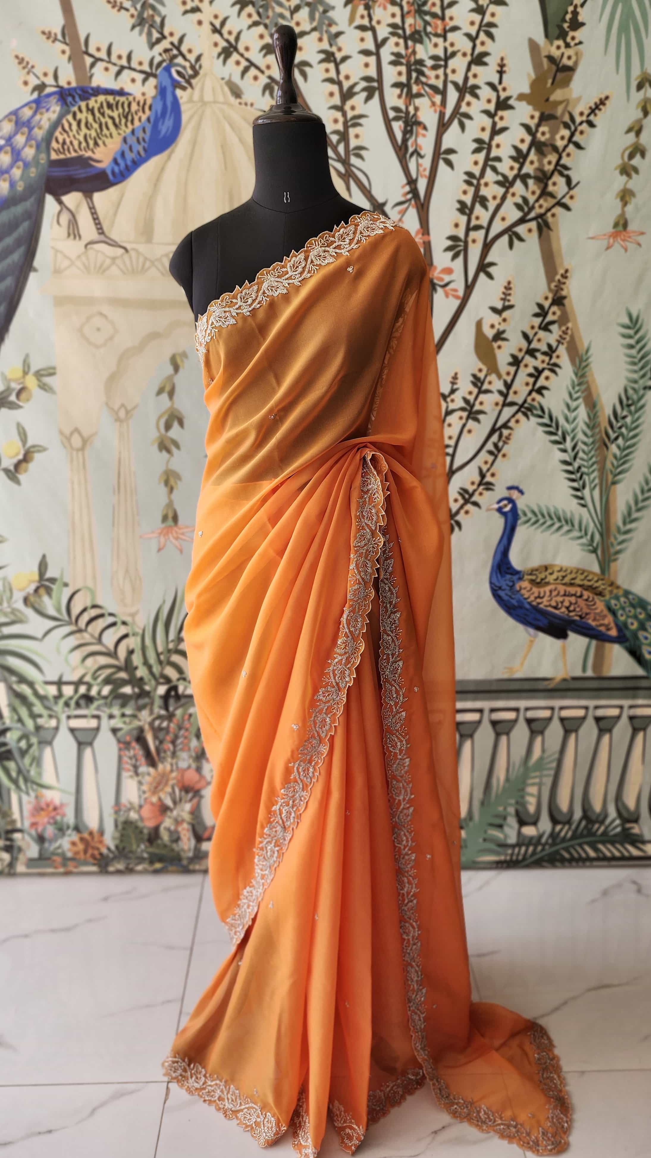 Enchanted Leaf Embroidered Saree - Pastel Orange – Navishka